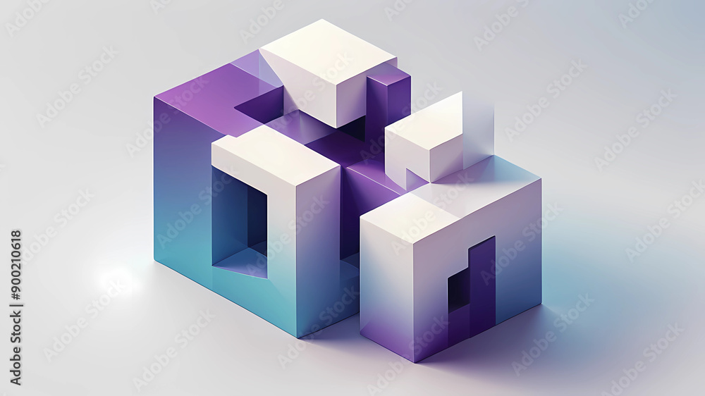 isometric shape, retangular 3D cross shape, a blue purple geometric ...