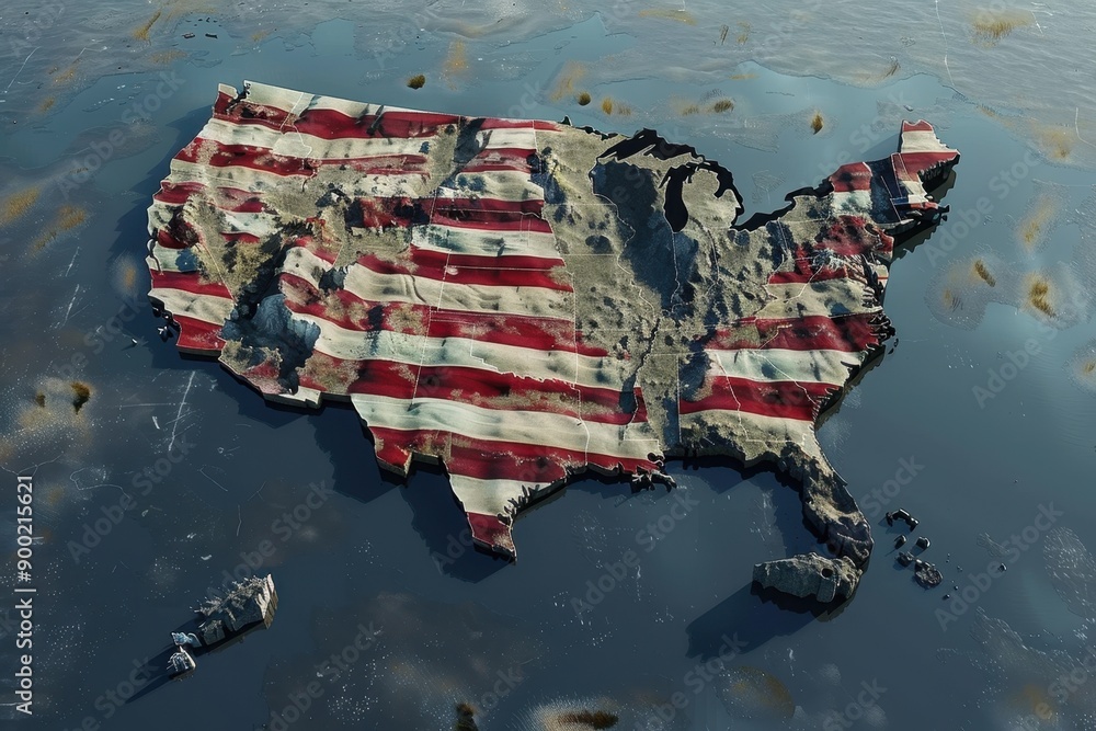 3D map of the U.S. with American flag overlay, floating on reflective ...