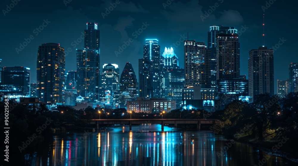 A photograph featuring Night Urban Skyline, Contemporary City Design ...