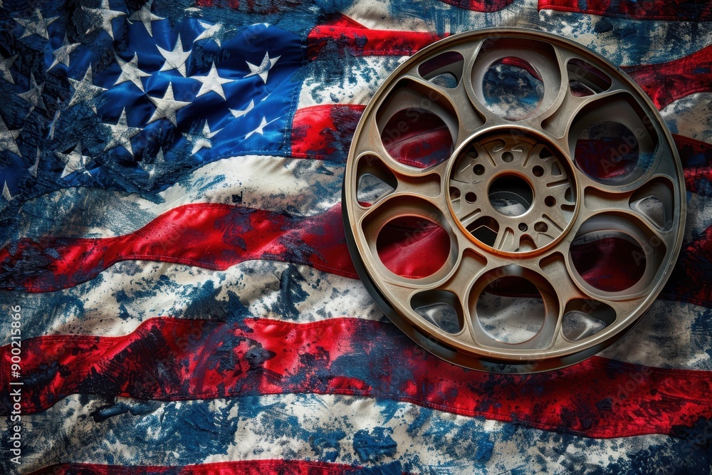 Vintage film reel on the American flag symbolizes the cultural legacy ...