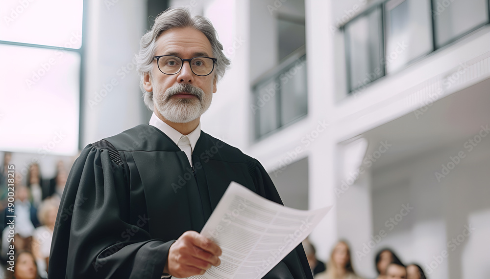 Stern judge with paper document pronouncing sentence in a court of law ...