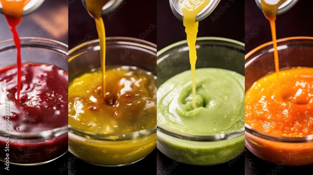 Variety of vibrant sauces are being poured from metal containers into ...