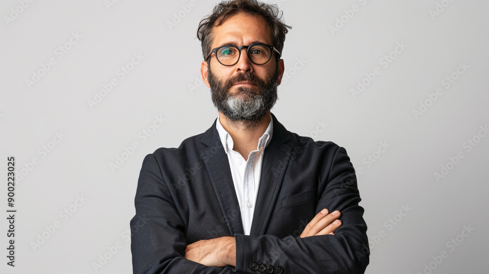 A modern software developer in sharp attire posing against a white ...