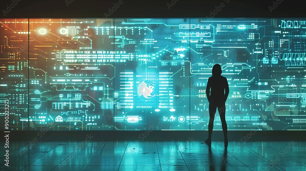 Cyber security alert: a human silhouette stands before a digital screen ...