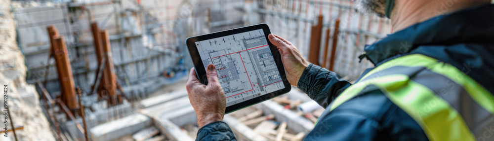 digital transformation, An architect using AR software on a tablet at a ...