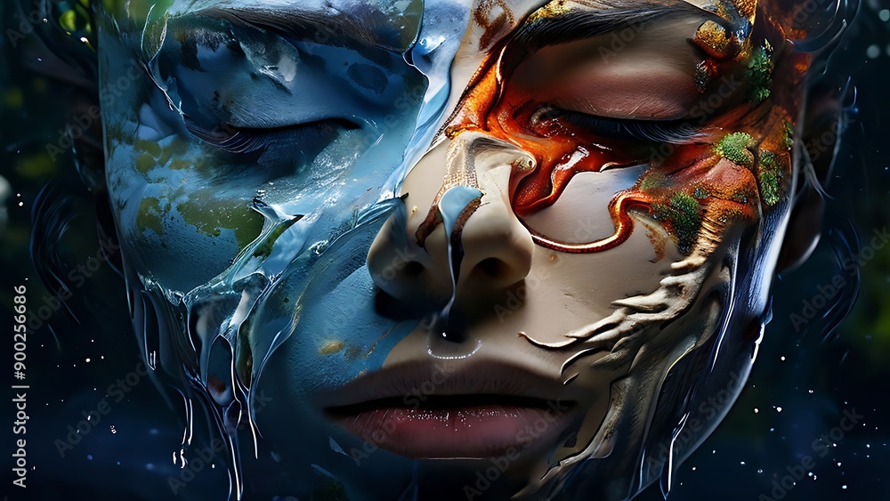 Earth depicted as a personified entity with melting ice and rivers as ...