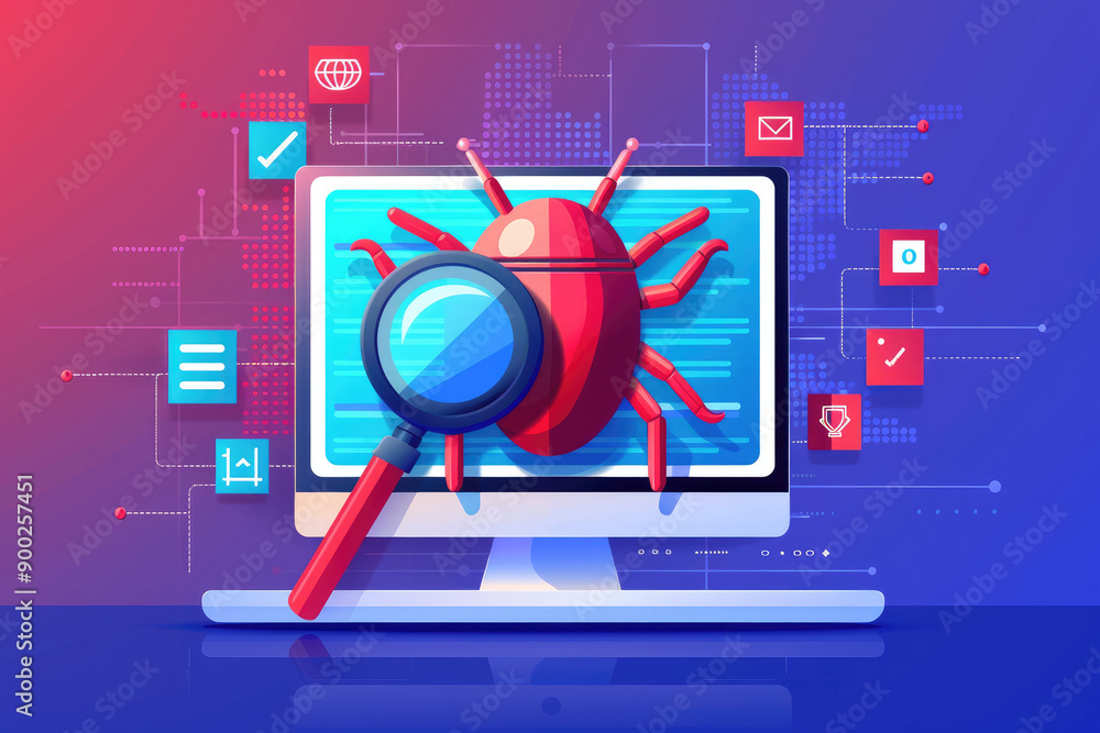 Digital Security Threat, a magnifying glass hovering over a cartoonish ...