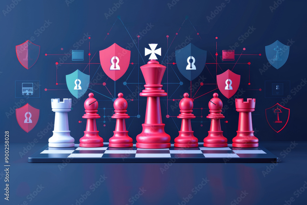 Strategic Defense, a modern chessboard featuring red and white pieces ...