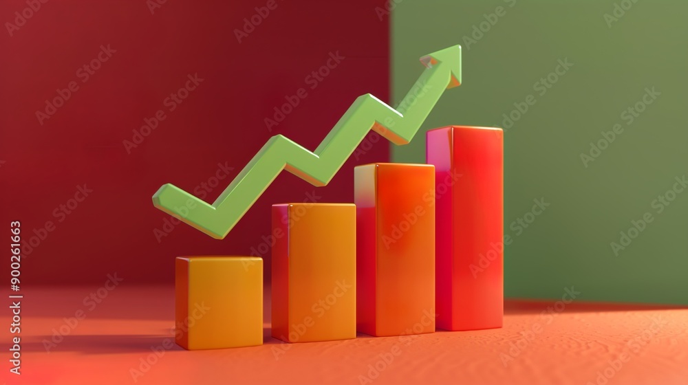 3D icon, single upward green arrow along above a bar graph, red green ...