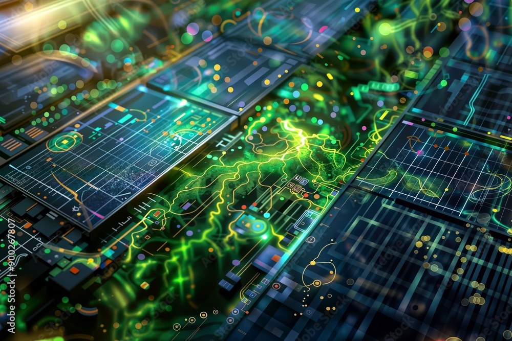 Quantum Circuit Illumination. Glowing green energy flows through a ...