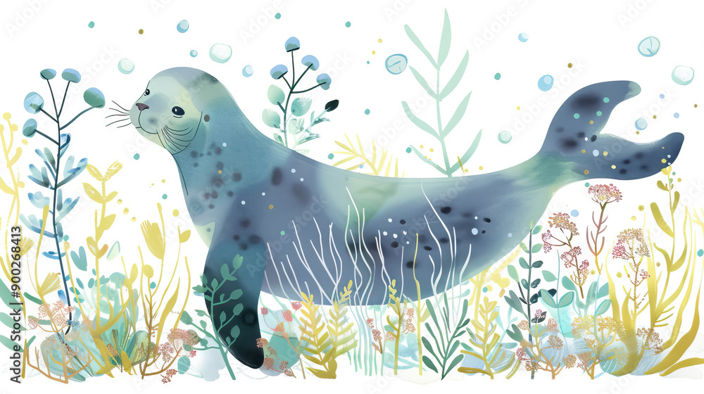 airy pastel color palette sea lion swimming in marine life and ...