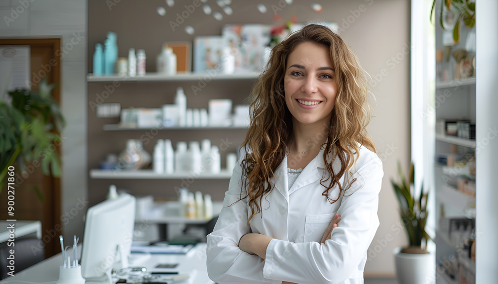 Smiling dermatologist, also skilled as a cosmetologist and beautician ...