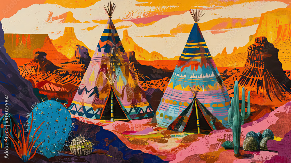 Colorful Indian teepee house of native american in desert with a lot of ...