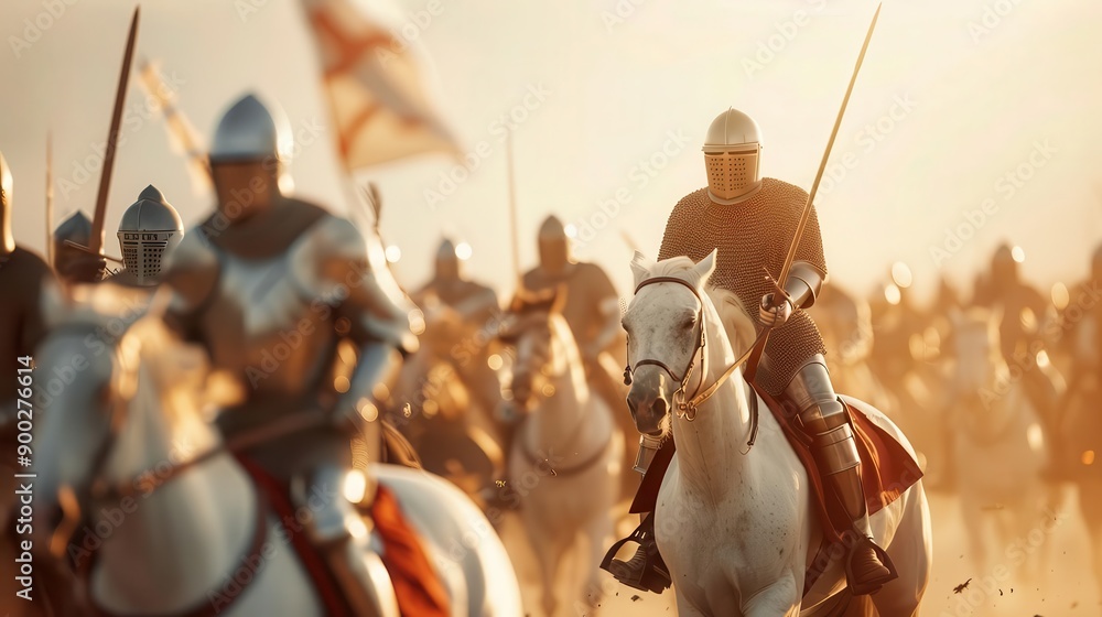 Medieval knights in full armor charging on horseback during a battle ...