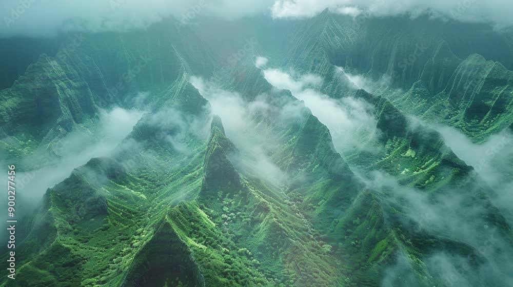 Tropical landscape scenery of green mountains with clouds, helicopter ...