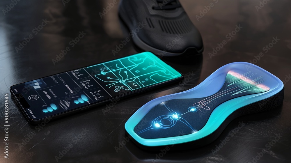 A high-tech shoe insole displayed next to a smartphone, showing ...
