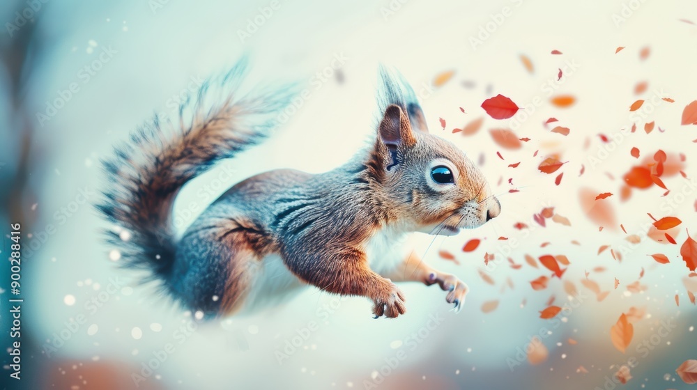 Double exposure image featuring a squirrel amidst autumn leaves ...