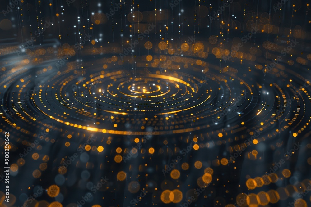 Animated circles in motion, with coding symbols displayed over falling ...