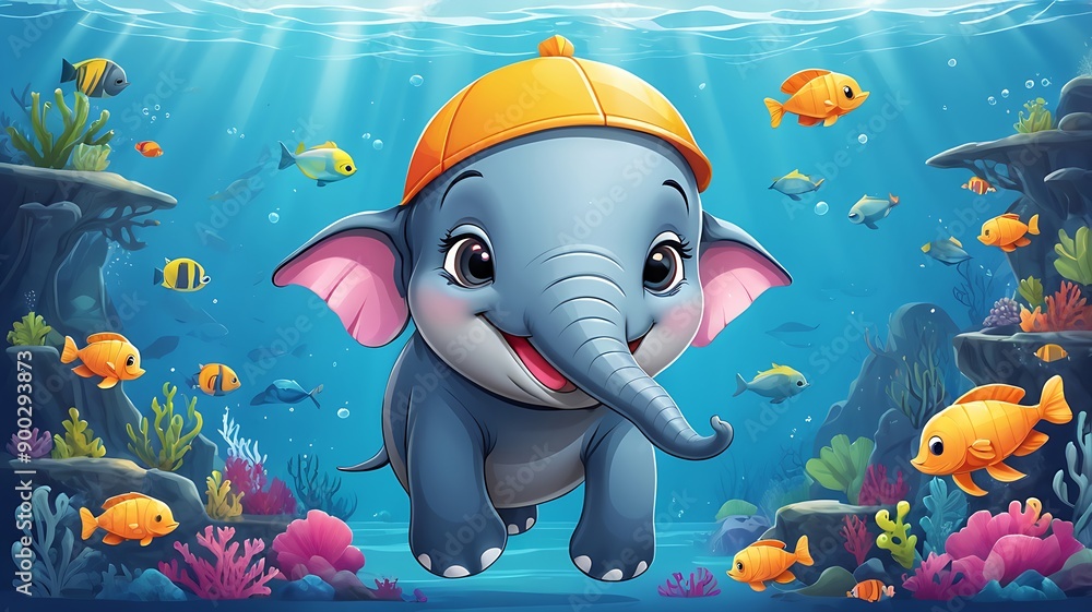 Smiling elephant in a diving suit underwater among coral reefs ...