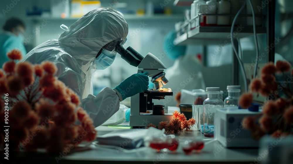 A virologist studying virus samples under a high-resolution electron ...