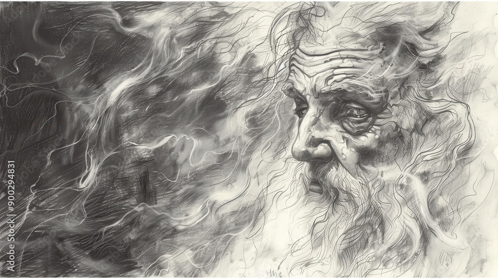 Moses' face illuminated by the light of the burning bush, bold pencil ...
