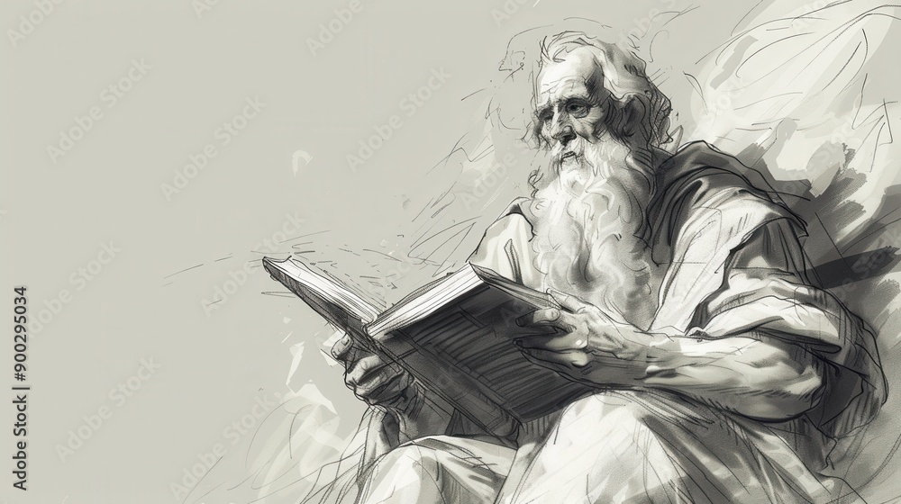 Scene of Moses writing the property laws on a tablet, bold sketch ...