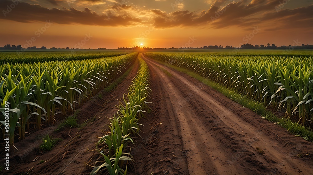 Rural countryside road between corn fields at sunset. maize agriculture ...