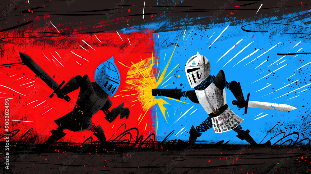 Two knights engaged in an intense sword fight, illustrating a dramatic ...