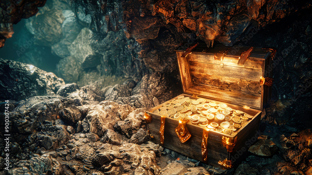 An old wooden treasure chest with gold coins in a hidden cave Stock ...