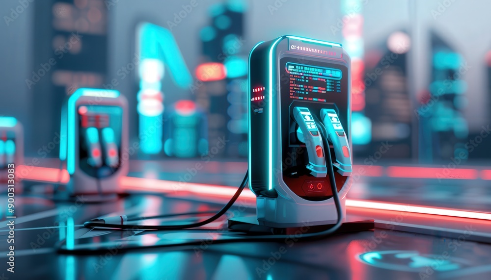 Futuristic electric vehicle charging station with neon lights, set in a ...