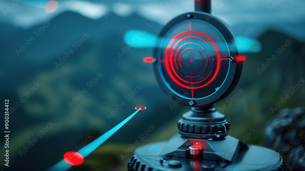 High-tech targeting device set against a stunning mountain landscape ...