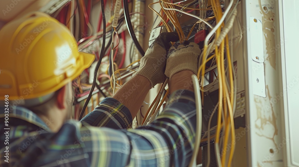 An electrician wearing a hard hat and gloves works on exposed wiring ...