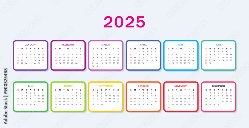 Colorful vector calendar template for 2025 on a light gray background ...