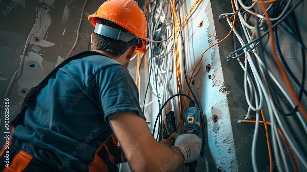 A professional electrician wearing safety gear works on electrical ...