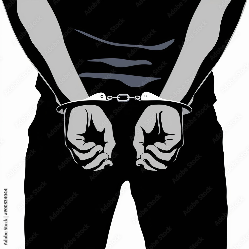 The man's hands are handcuffed behind his back. Cartoon drawing ...