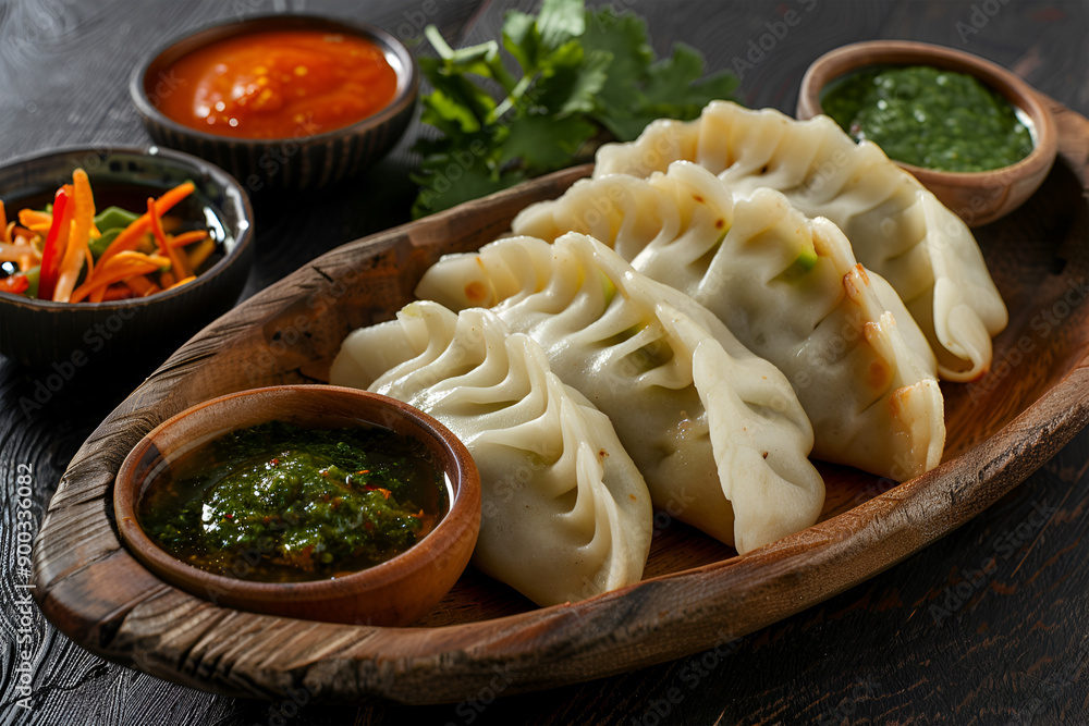 Traditional dumpling vegetarian momos food from Nepal served with ...