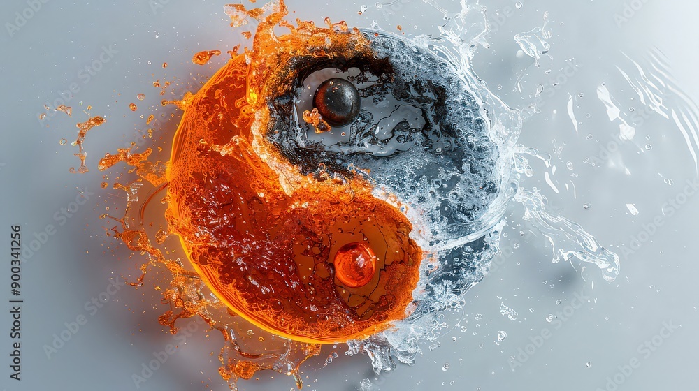 Capture an image of fire and water intertwined in a Yin Yang shape, set ...