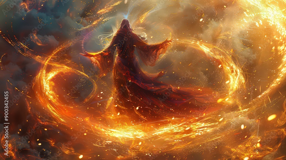illustration of a powerful sorceress character, surrounded by swirling ...