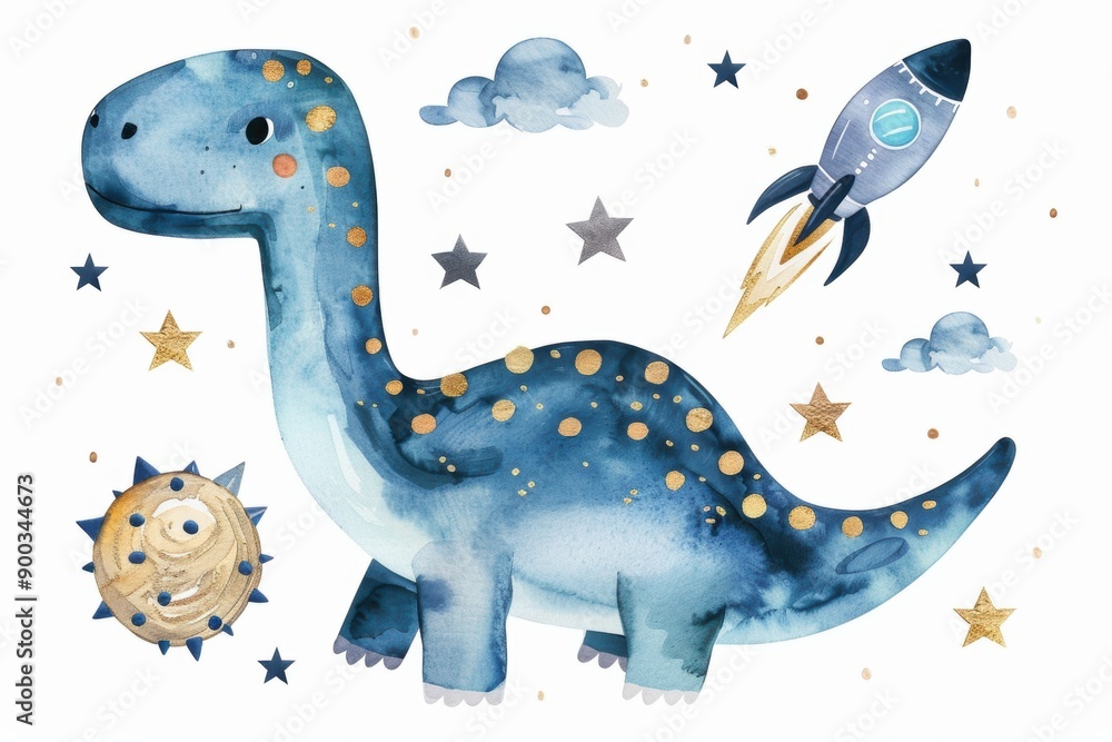 Cute watercolor space dinosaur clipart, white background, simple design ...