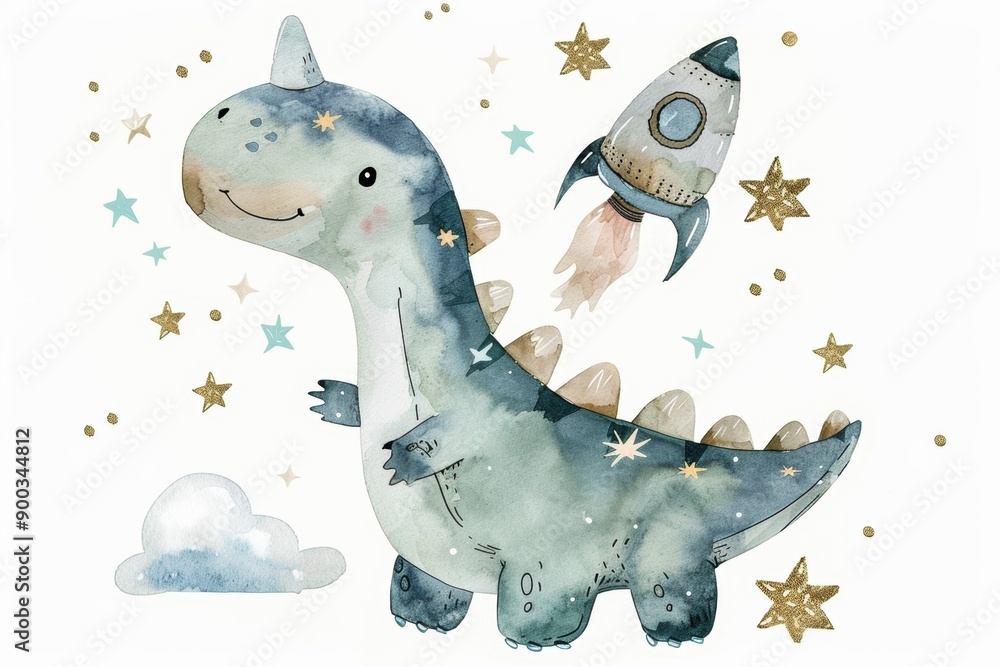 Cute watercolor space dinosaur clipart, white background, simple design ...