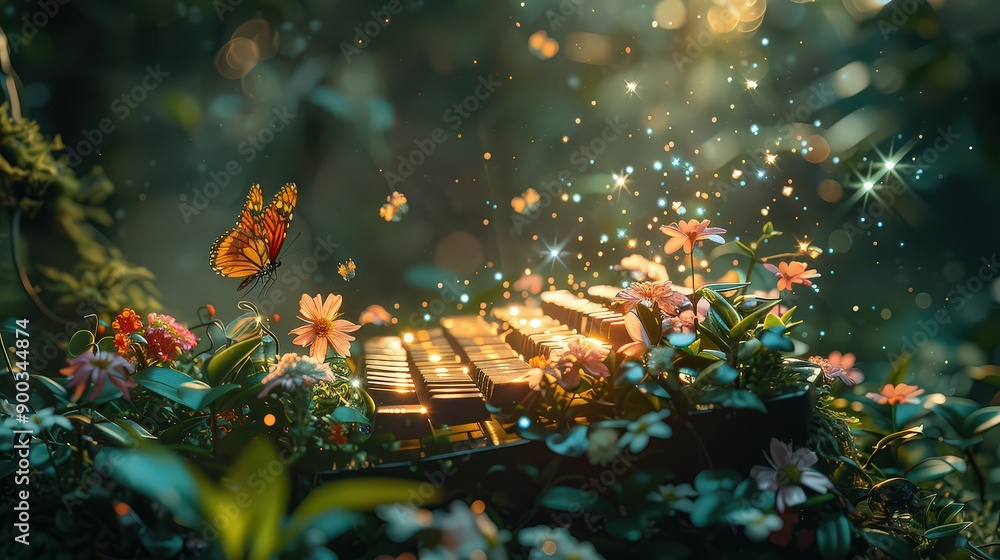 whimsical scene of a fairy typing on a tiny floral keyboard, with ...
