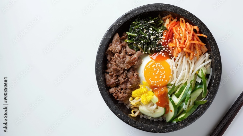 Closeup top view of Korean Bibimbap, isolated on white background ...