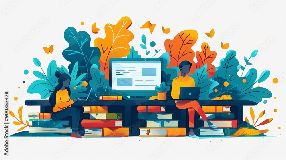 vector, illustration, Remote learning and online study lessons tiny ...