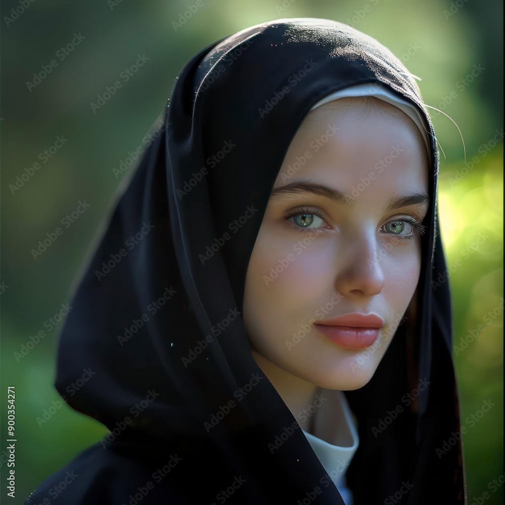A beautiful nun with a serene expression, dressed in traditional attire ...
