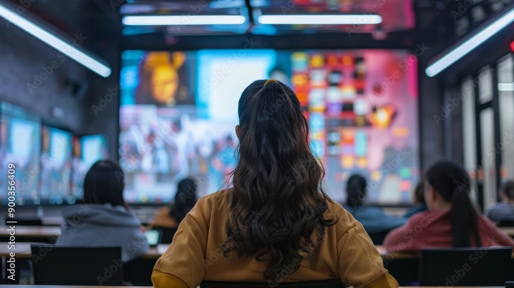 Students seated in a classroom facing a large screen presentation ...