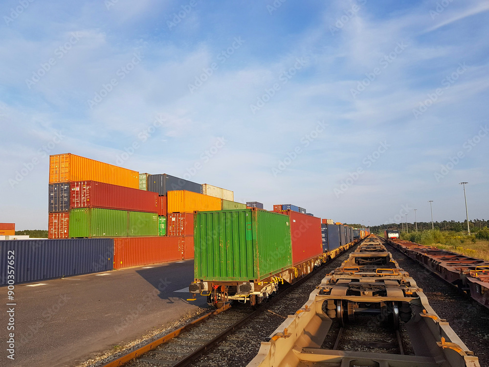 Intermodal Trains with Containers in Container Terminal Background ...