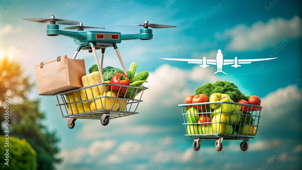 Two drones deliver shopping baskets full of groceries,including fresh ...