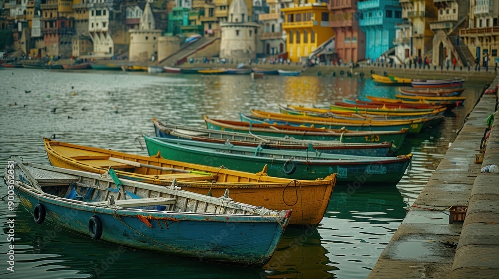 The colorful boats of Varanasi lined up along the Ganges River ...