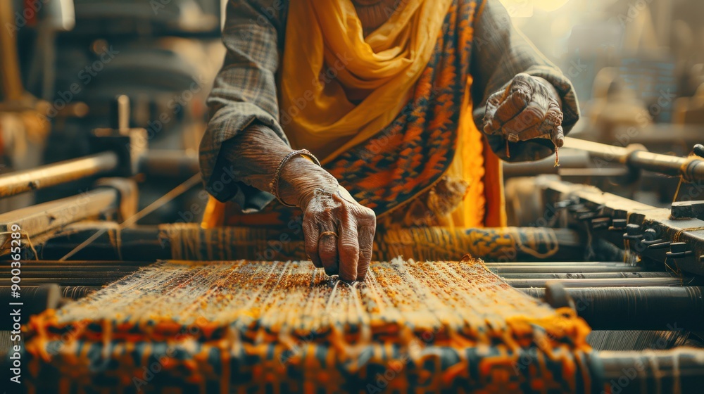An image of a traditional Indian weaver working on a loom to create ...