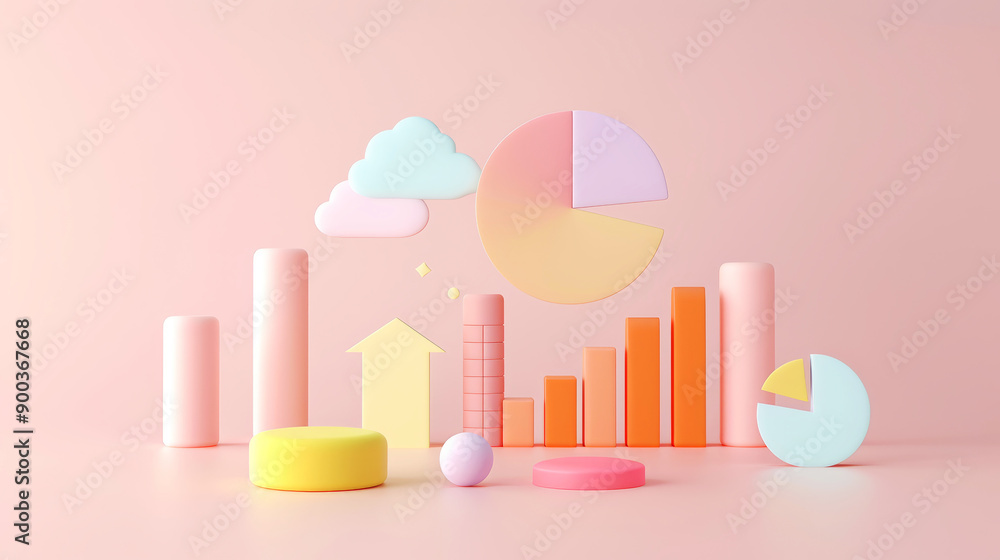 Cartoon digital 3D icon of diagrams and graphics, pastel colors, soft ...
